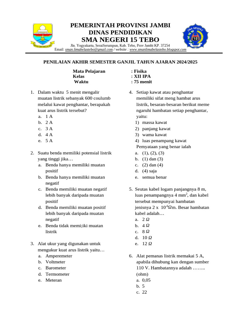 Soal Fisika Kelas XII Ganjil 2025 | PDF