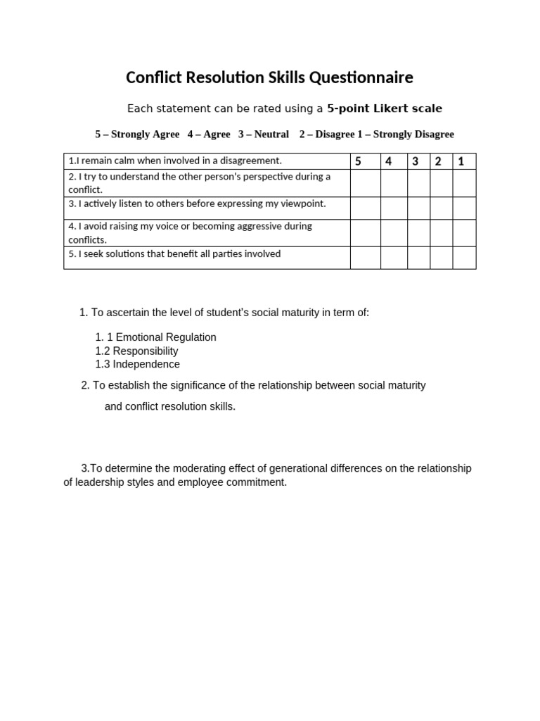 Conflict Resolution Skills Questionnaire | PDF