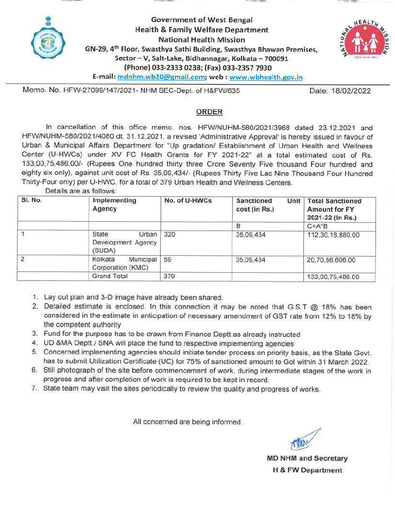 Revised Administrative Sanction Order For 379 UHWCs With Vetted Estimate Compressed | PDF