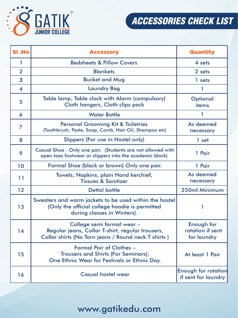 Hostel Accessories Checklist for Students | PDF | Softlines (Retail ...