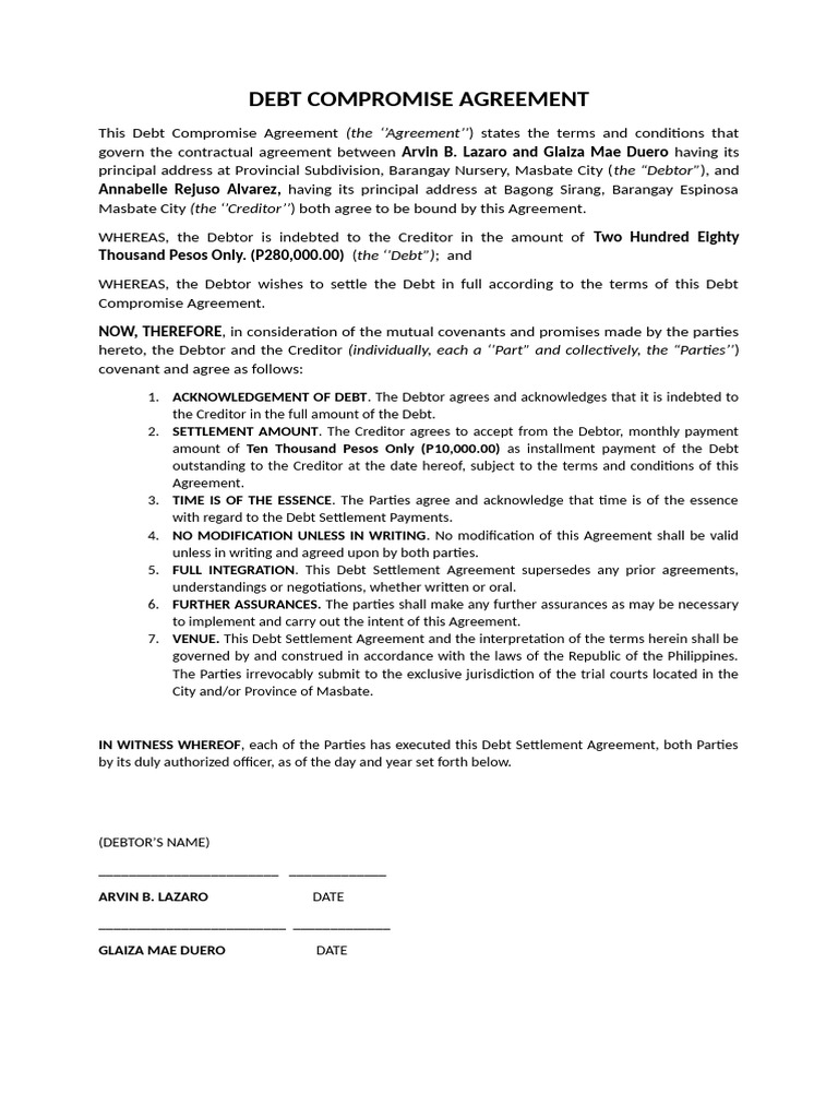 Debt Compromise Agreement in Masbate | PDF | Debt | Debtor