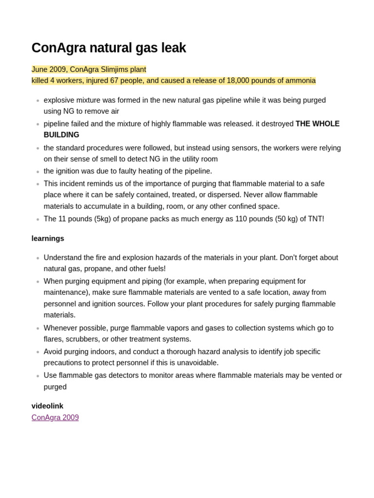 Process Safety incident-ConAgra Natural Gas Leak | PDF