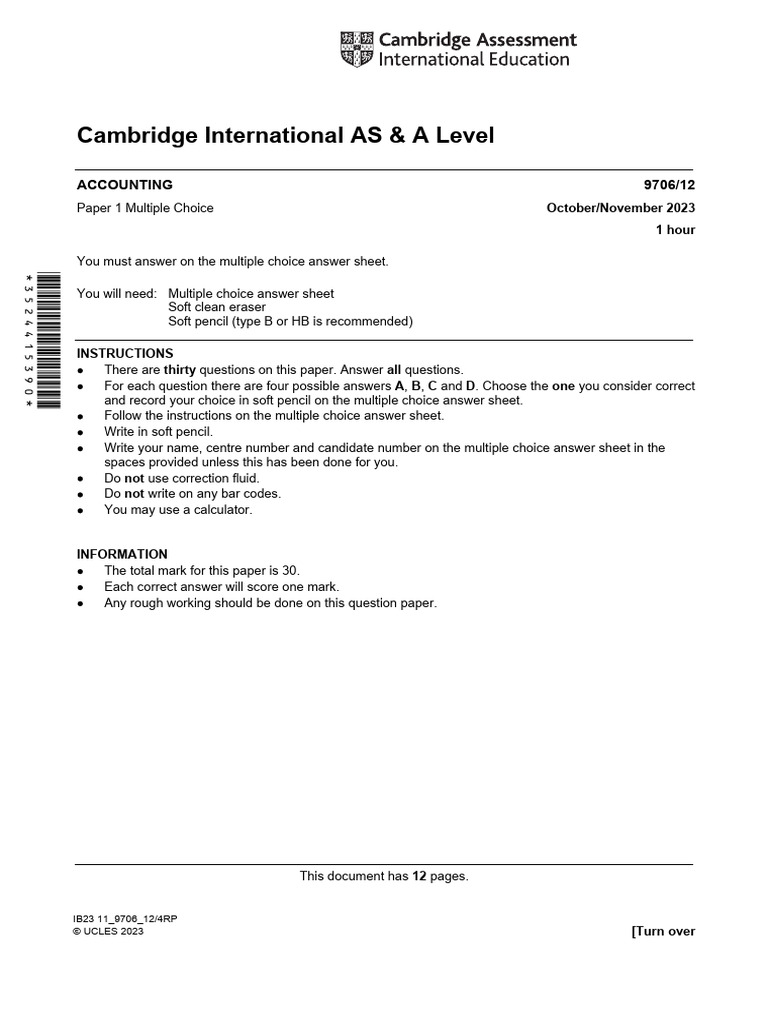 Cambridge International AS & A Level: Accounting 9706/12 | PDF | Debits ...