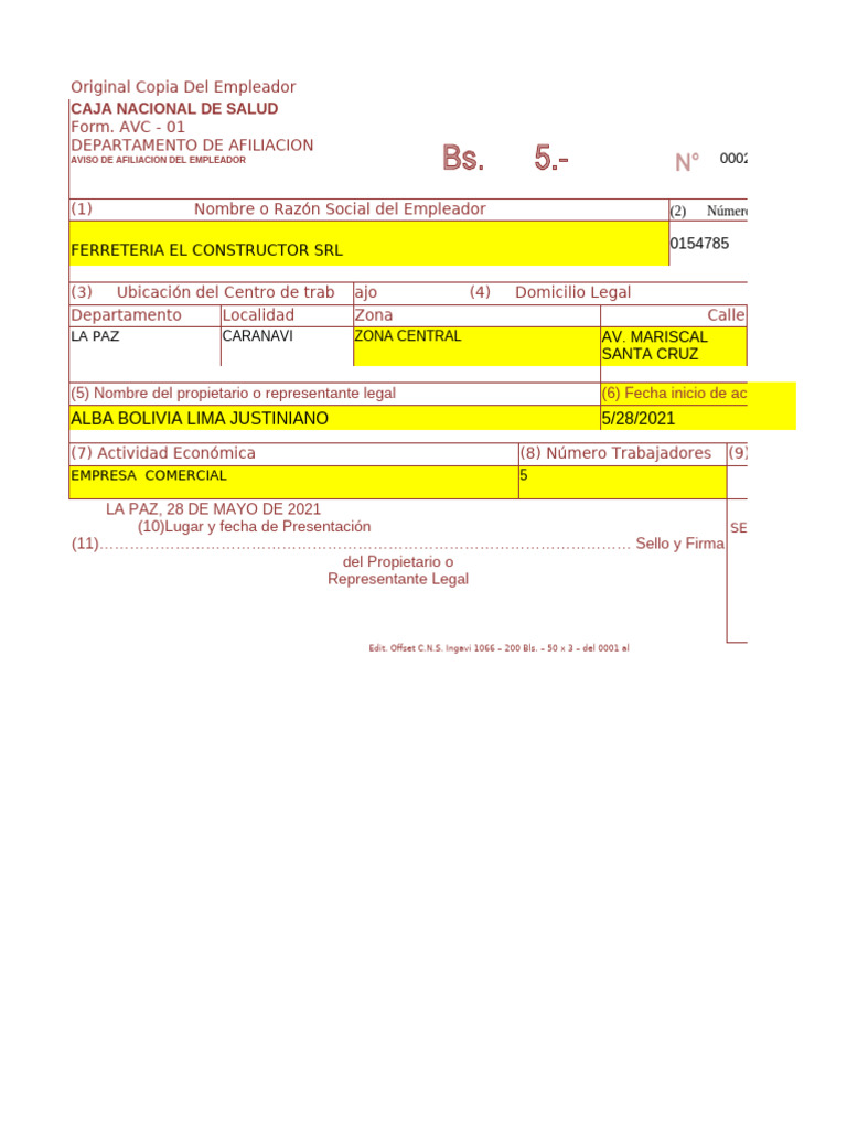 CNS Formulario Avc 01 Edwin | PDF
