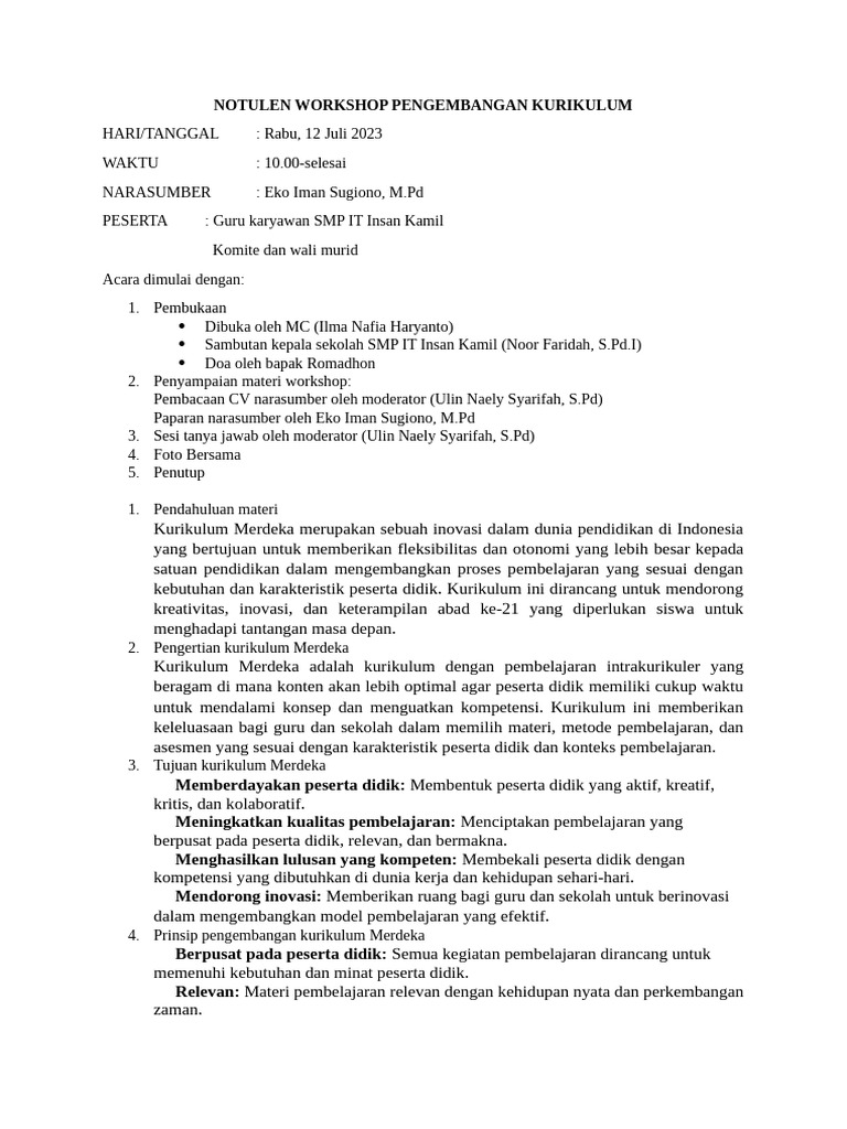 Notulen Workshop Pengembangan Kurikulum | PDF