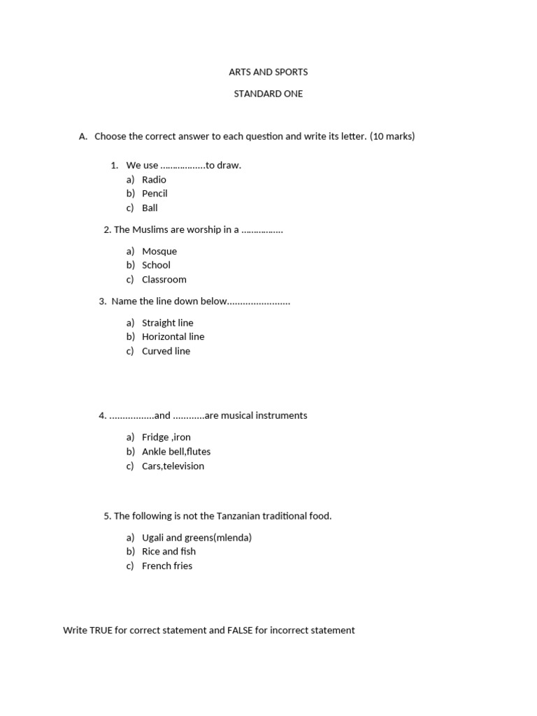 Standard One Arts and Sports Exam Guide | PDF