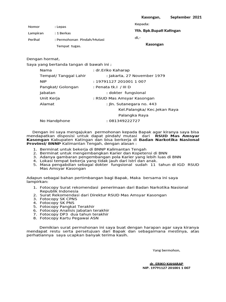 Permohonan Mutasi dr. Eriko Kaharap | PDF