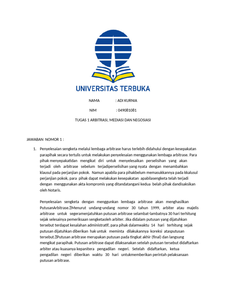 Tugas 1 Arbitrase, Mediasi Dan Negosiasi | PDF