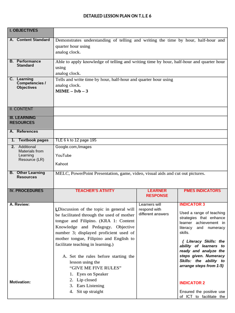 Cot Tle 4th QTR - Docx Pmes 1 | PDF | Learning | Clock