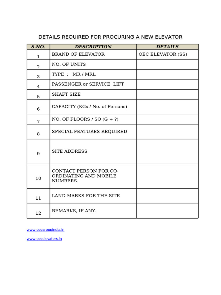 Details Required For New Lift 3 | PDF