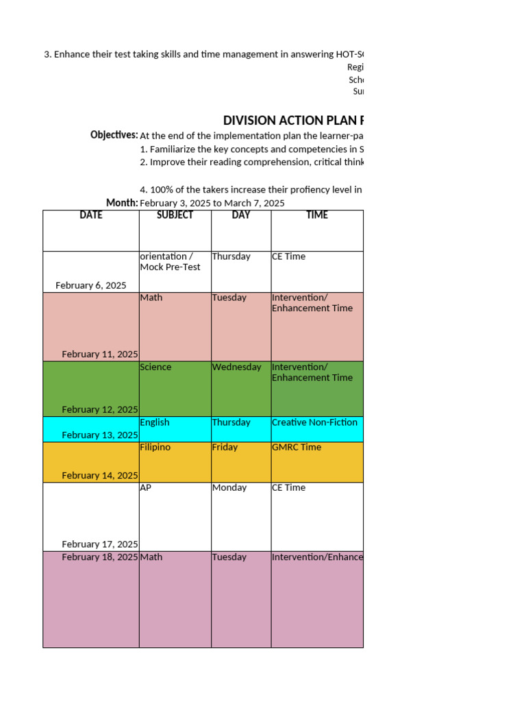 Division Action Plan for NAT 6- 2025 -Final | PDF | Mathematics