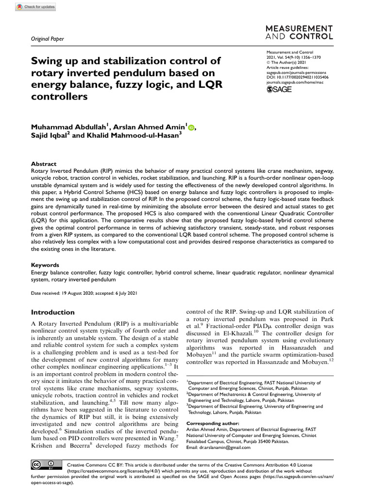 Abdullah Et Al 2021 Swing Up and Stabilization Control of Rotary Inverted Pendulum Based On ...