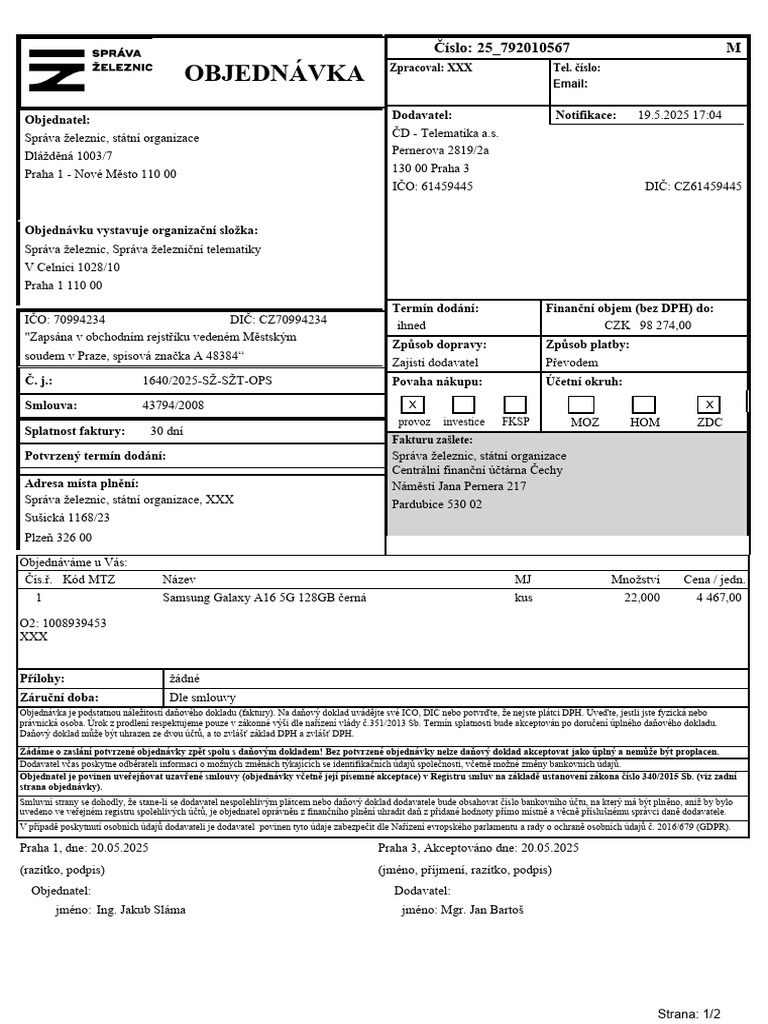 Objednávka: Dodavatel: Notifikace: Objednatel | PDF