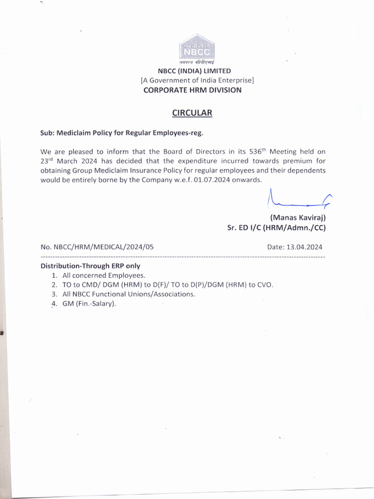 NBCC Mediclaim Policy Update 2024 | PDF