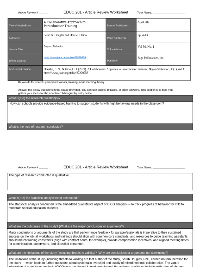 Article Review Worksheet 1 Patawaran Alexandra | PDF | Teachers | Cognition