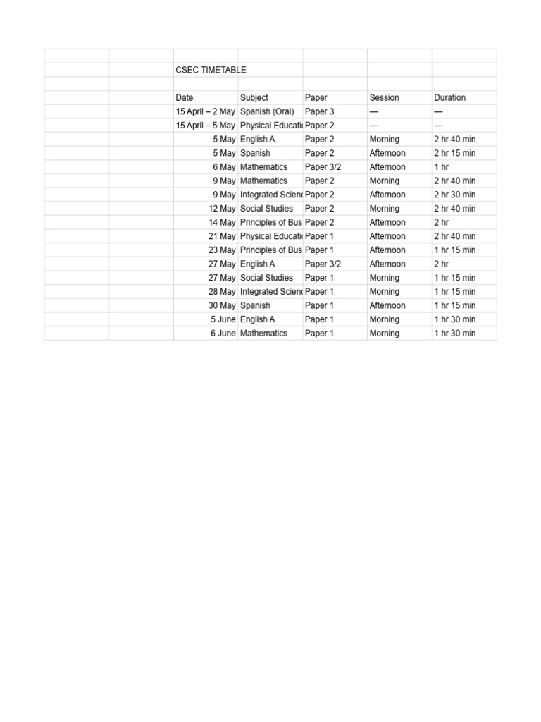 CSEC TIMETABLE | PDF