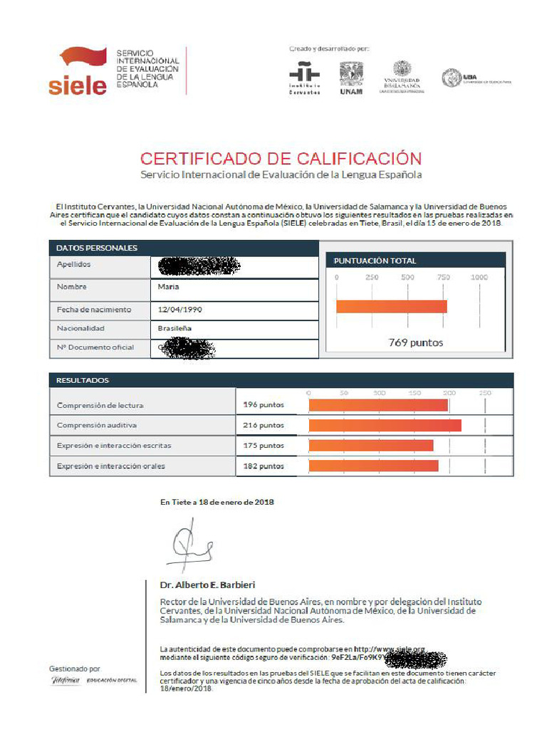 Certificado SIELE 05 Anos | PDF
