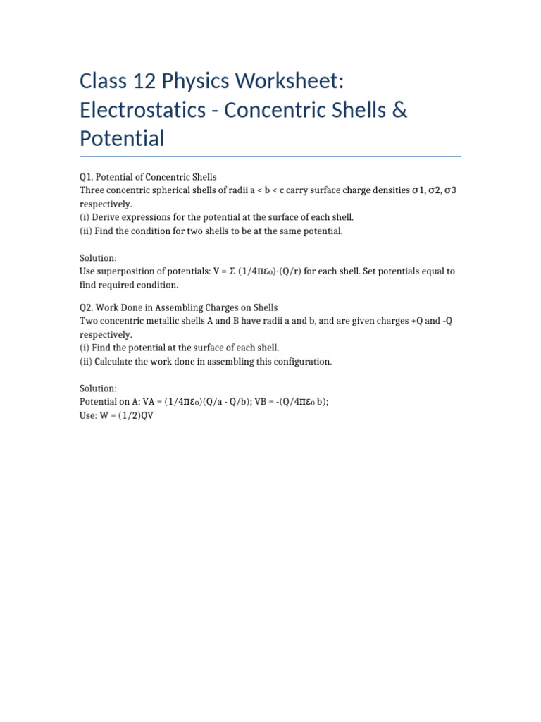 Class12 Electrostatics Worksheet | PDF