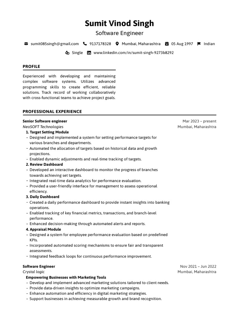 Sumit Vinod Singh Resume 20250324 | PDF | Performance Appraisal ...