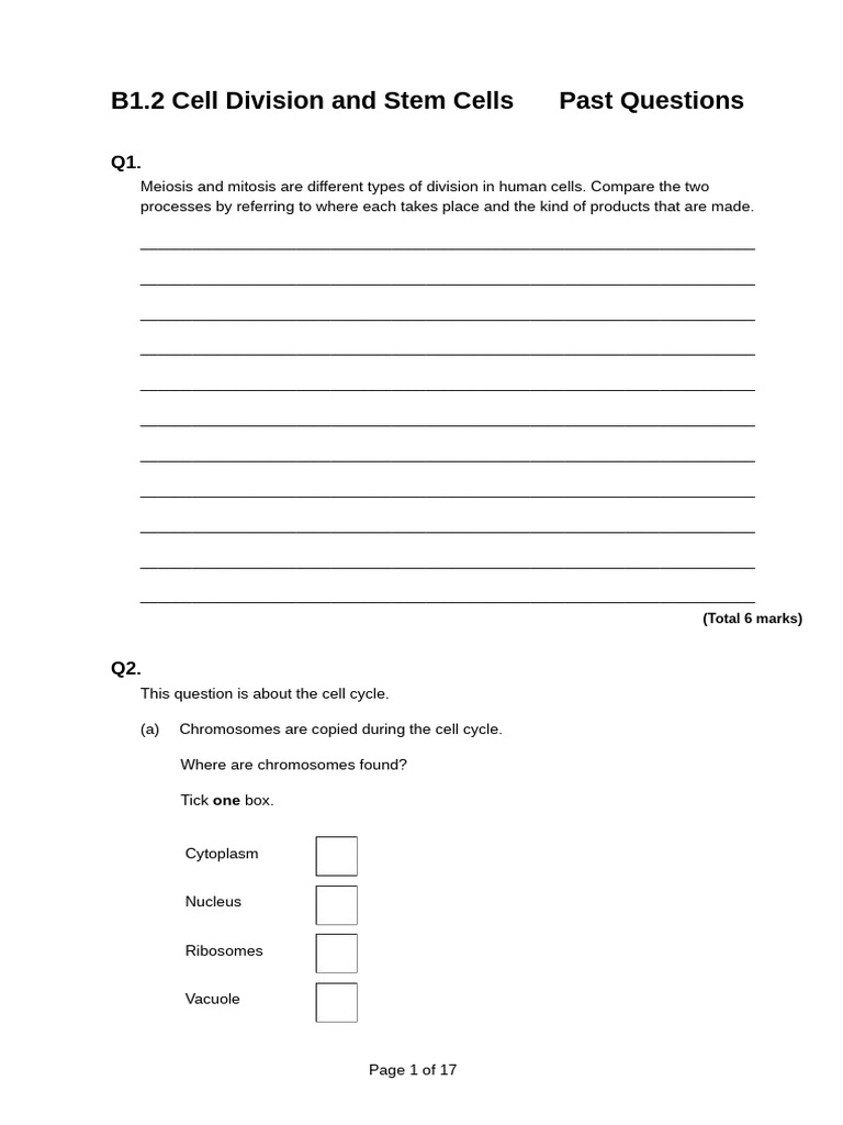 B1.2 Cell Divsion and Stem Cells Qs | PDF | Sexual Reproduction ...