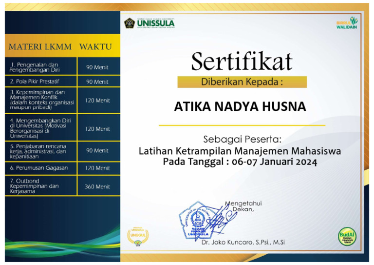 Atika Nadya Husna Sertif LKMM | PDF