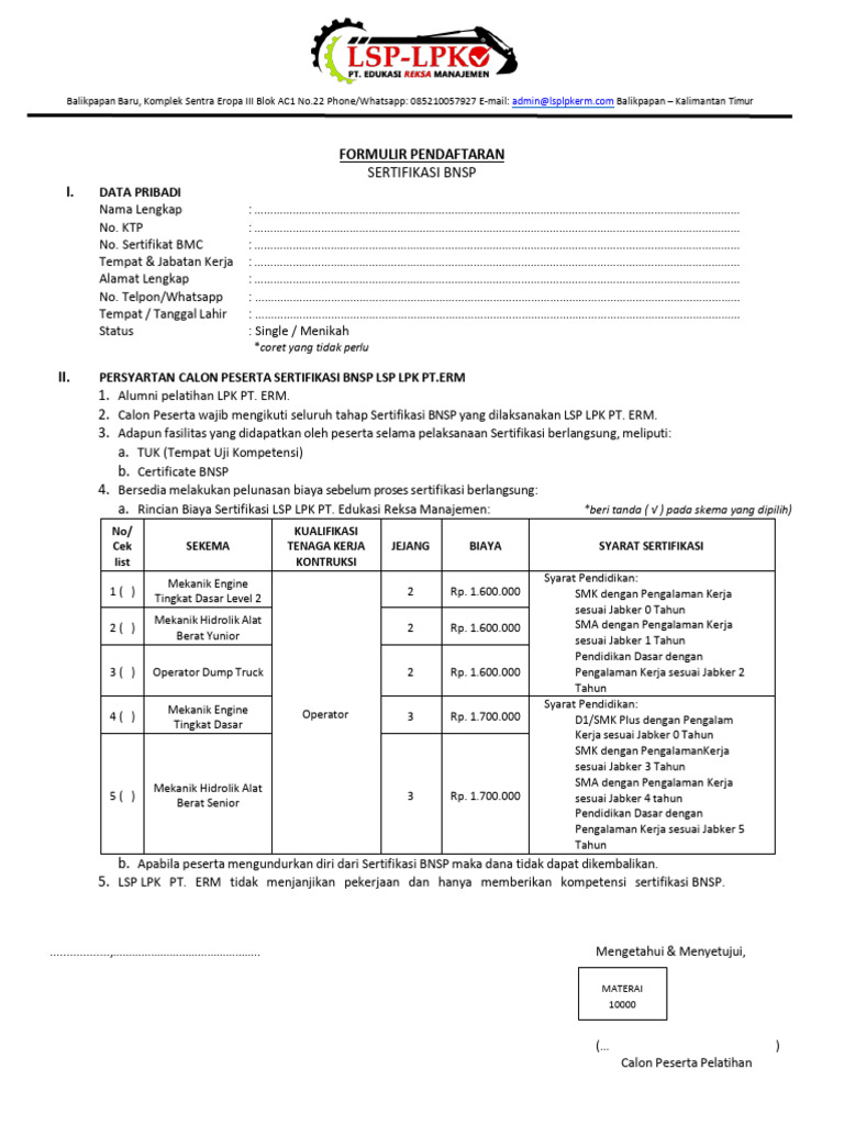 Formulir Pendaftaran Sertifikasi BNSP LSP LPK PT - Erm 2025 | PDF