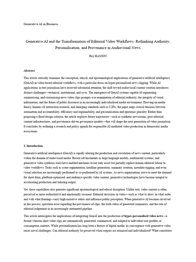 Generative AI and The Transformation of Editorial Video Workflows | PDF | Artificial ...