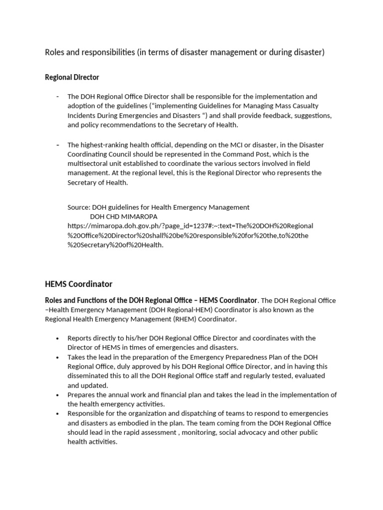 DOH Roles and Responsibilities During Disaster | PDF | Emergency ...