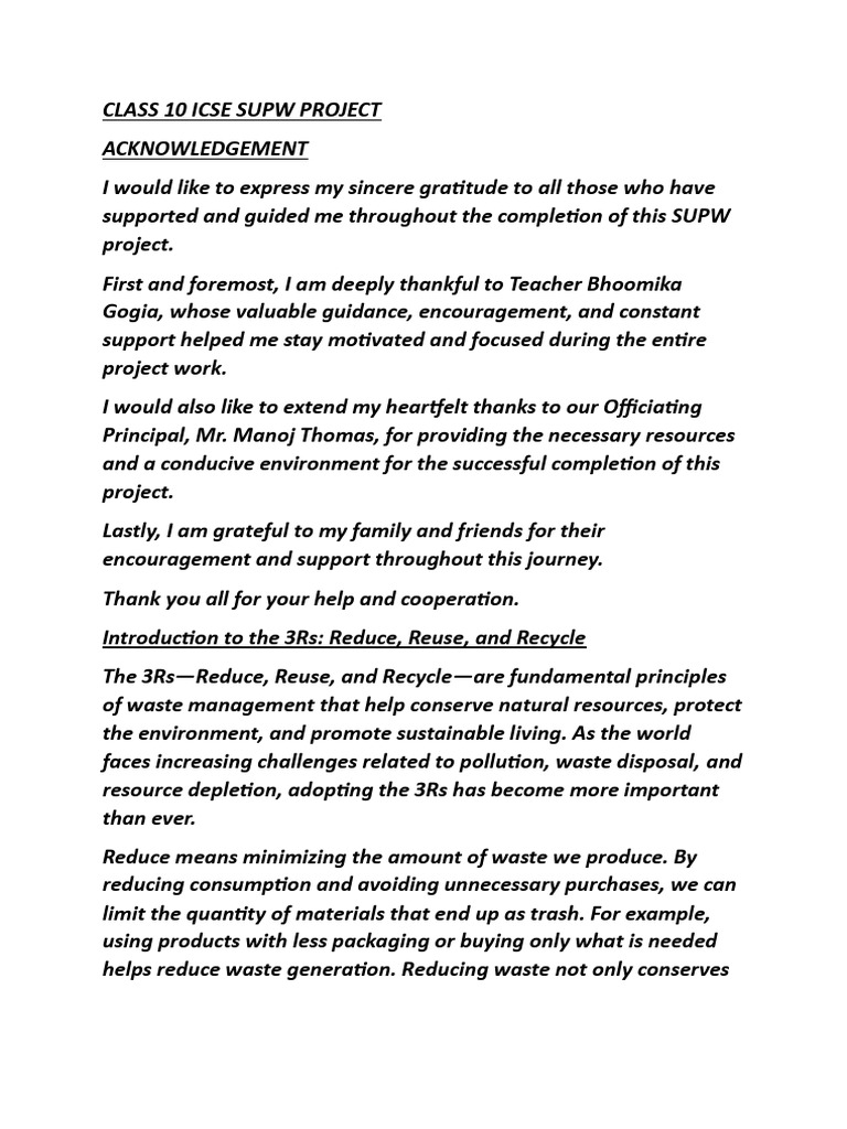 Class 10 ICSE SUPW Project on Recycling | PDF | Recycling | Plastic