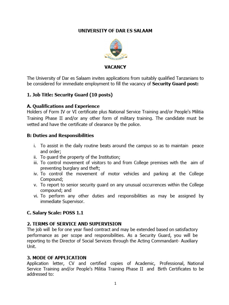 Udsm Job Advert Security Guard Post | PDF | Security Guard