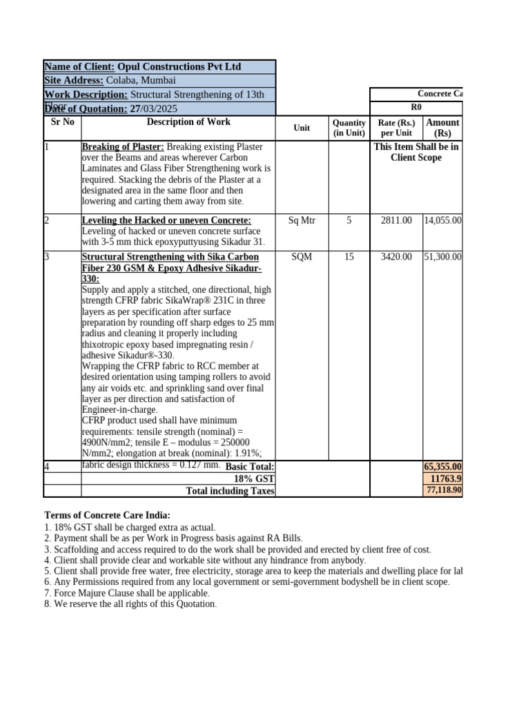 REVISED Quotation For Beam Strengthening Work For Opul Constructions 27.03.2025 | PDF | Concrete ...