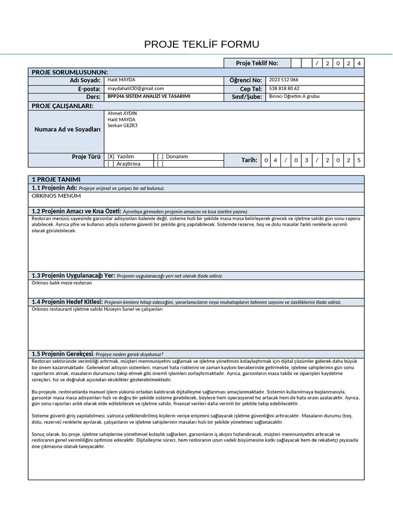 Proje Teklif Formu Sistem Analizi | PDF