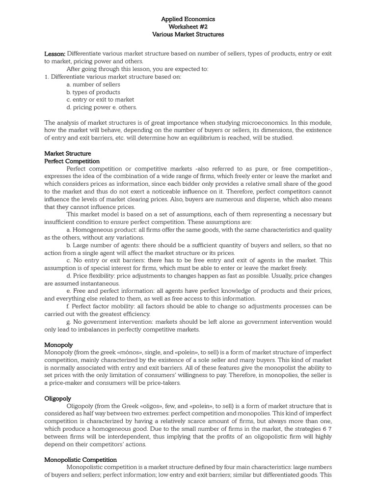 Applied Economics Reading Material and Worksheet 2 | PDF | Monopoly ...