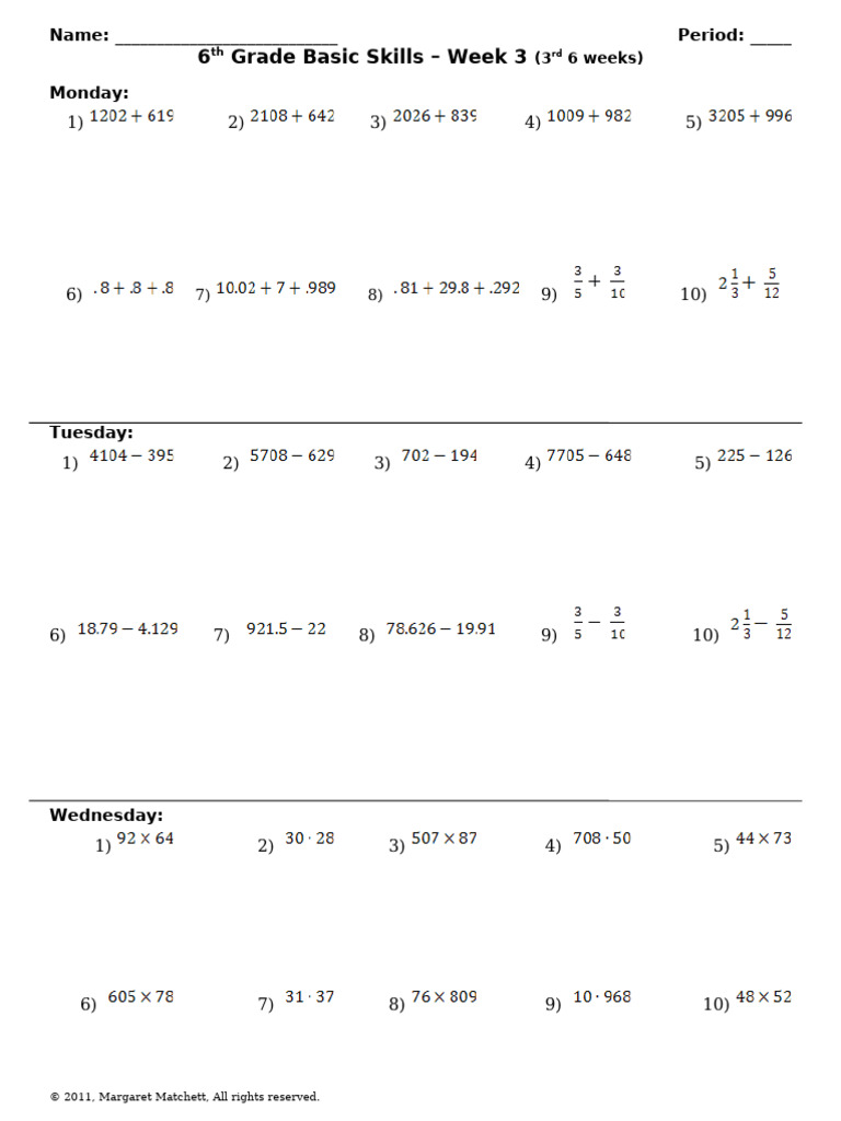 6th Grade Basic Skills Week 3 Plan | PDF | Arithmetic