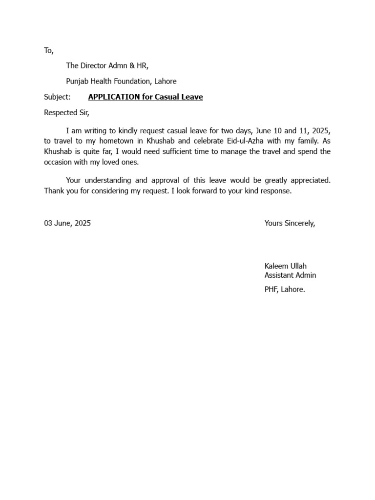 Casual Leave Request for Eid Celebration | PDF