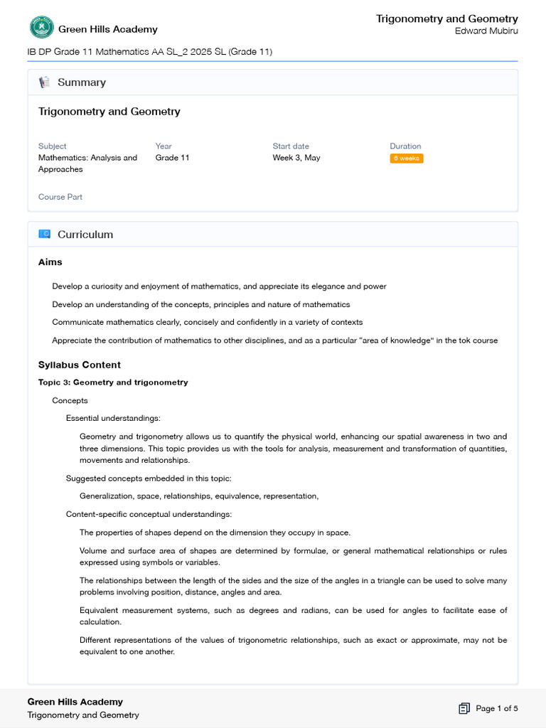 Trigonometry and Geometry Curriculum Guide | PDF | Trigonometric ...