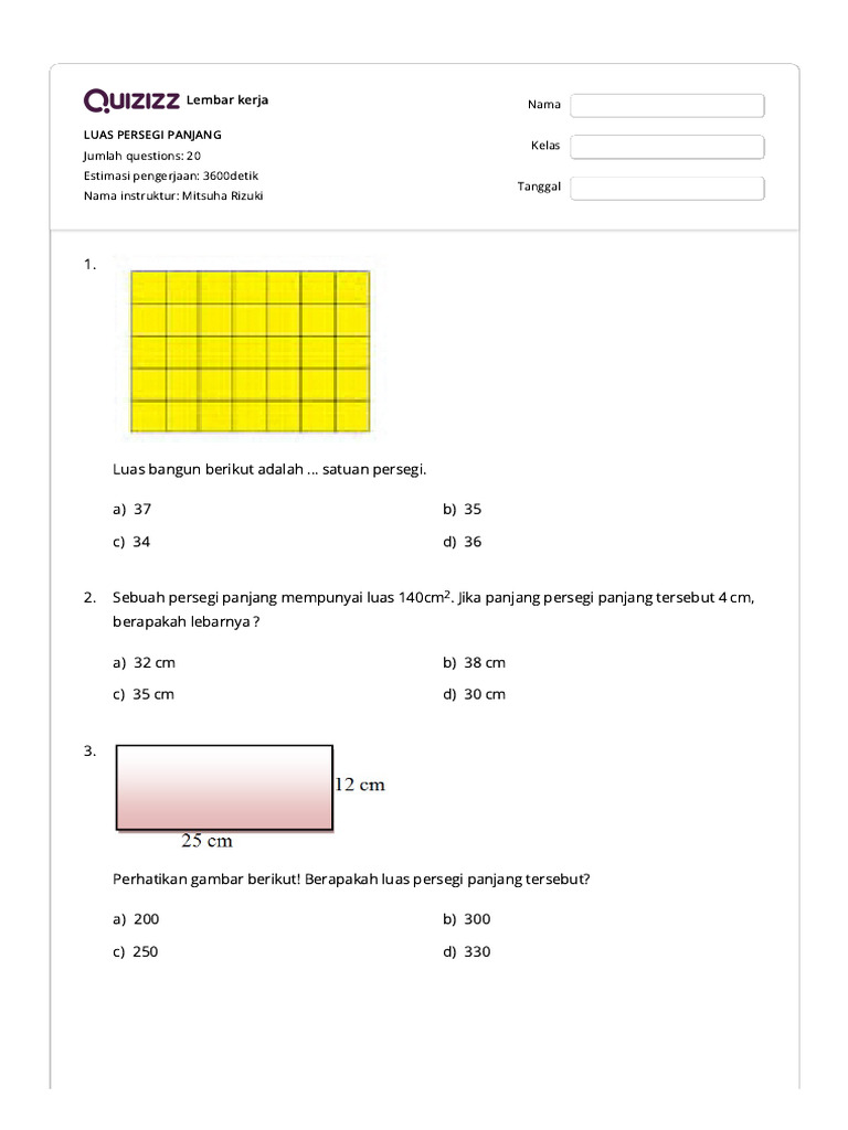 Quizizz - Luas Persegi Panjang | PDF