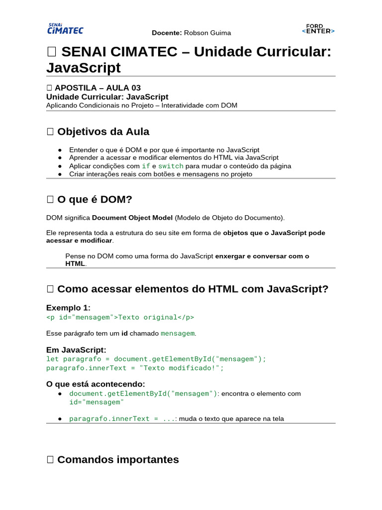 ? Aula 03 - Aplicando Condicionais No Projeto - Interatividade Com DOM. | PDF | Modelo de ...
