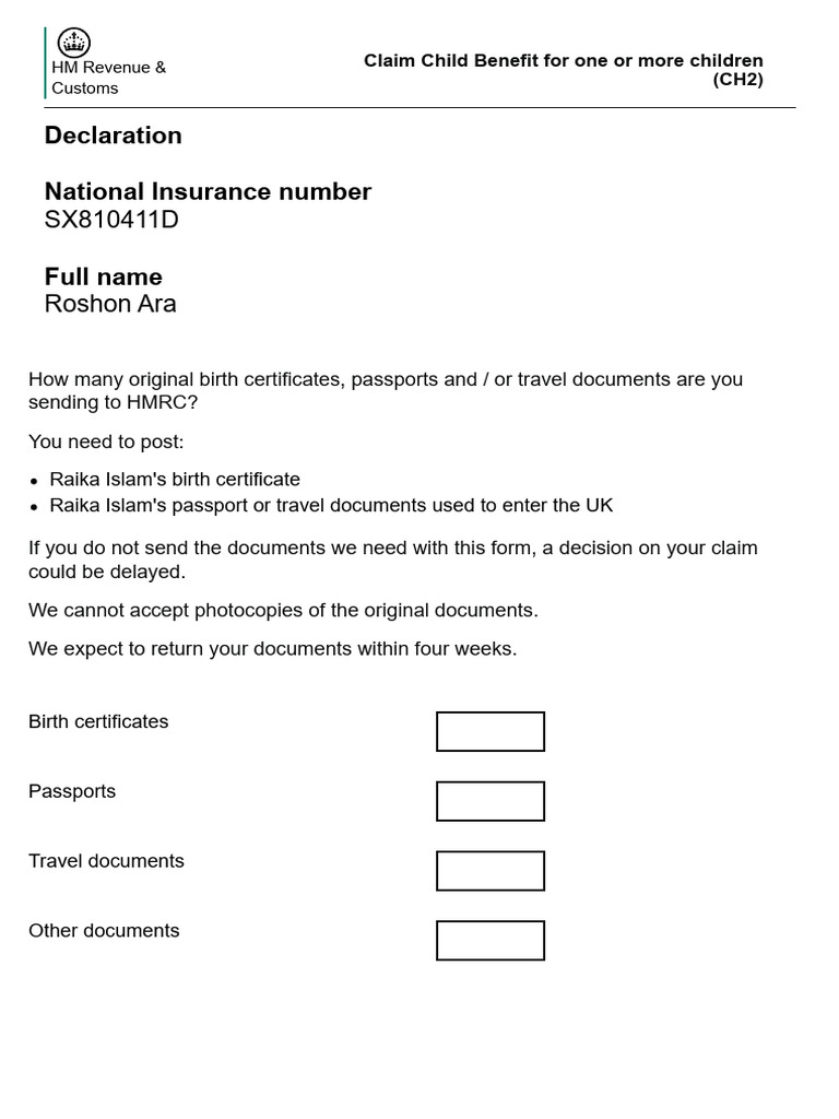 Submit CH2 Child Benefit Claim Form | PDF | Postage Stamp | Birth ...