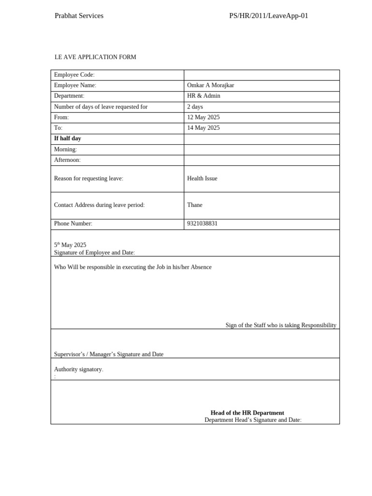 Leave Application Form Current 2024 | PDF