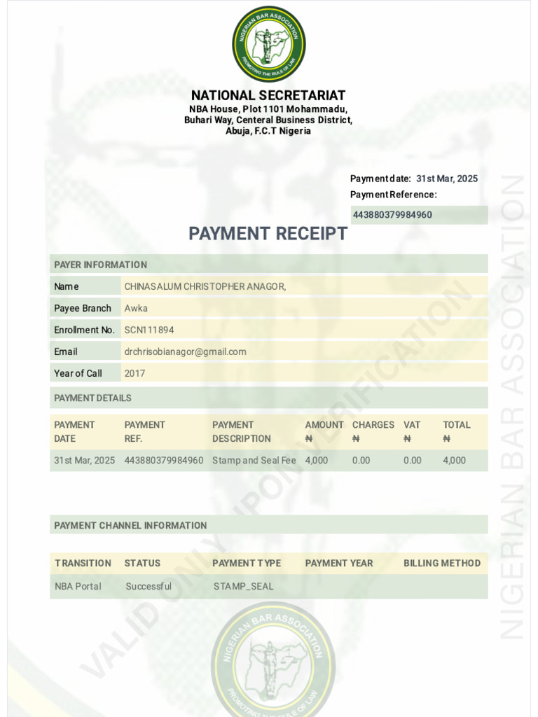 NBA Stamp and Seal Payment Receipt | PDF