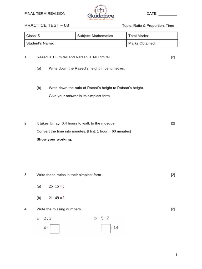 WS - 5MTH - Practice Test 03 - Ratio and Proportion | PDF | Litre