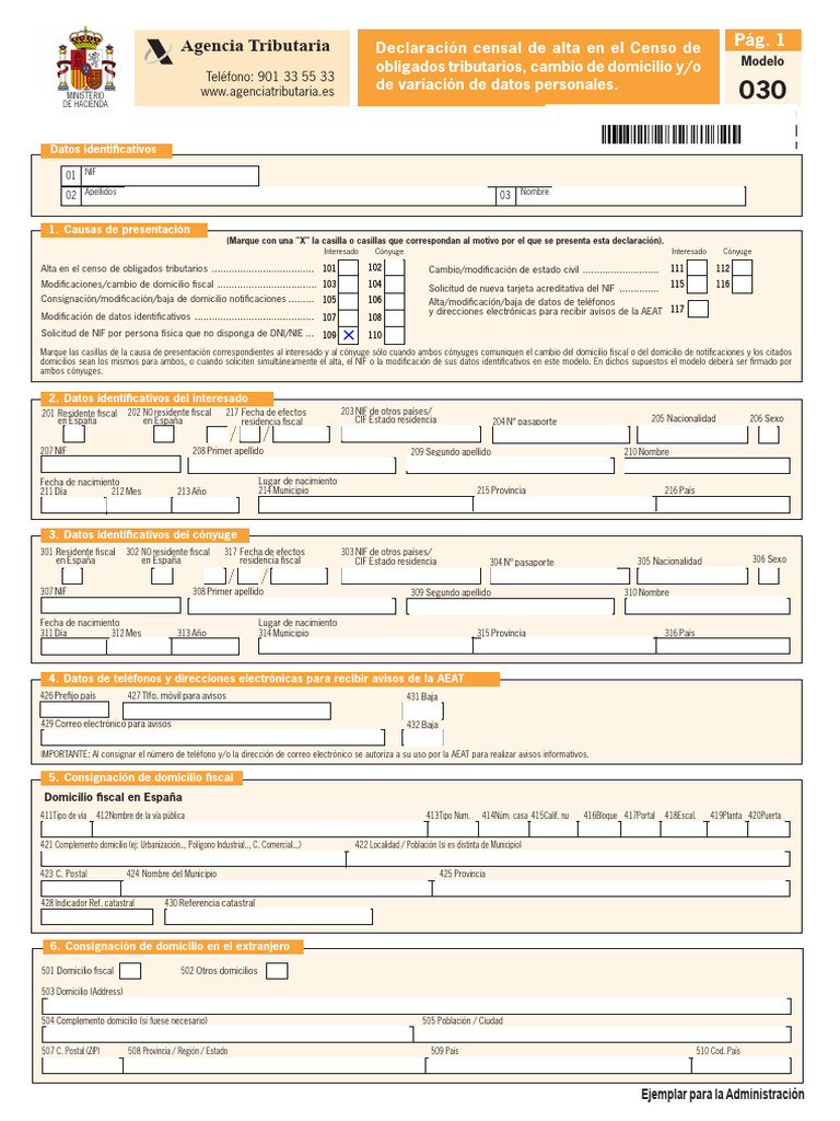 Modelo 030. Declaración Censal de Alta en El Censo de Obligados Tributarios | PDF | Matrimonio