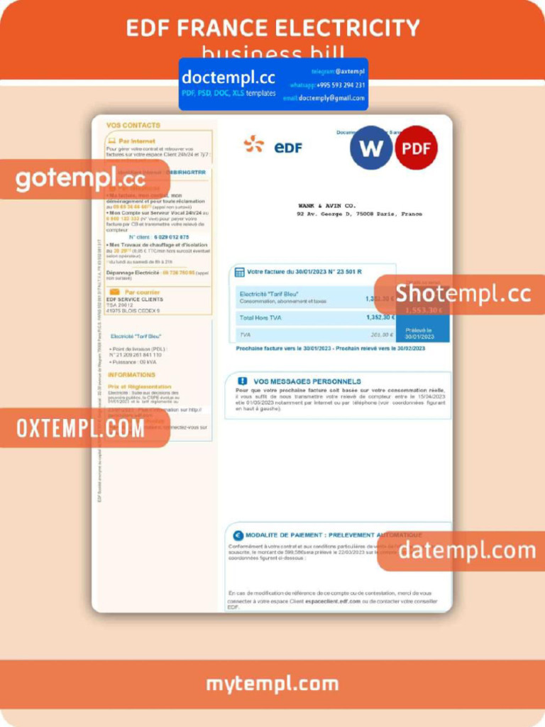Doctempl - EDF France Electricity Business Utility Bill, PDF and WORD ...