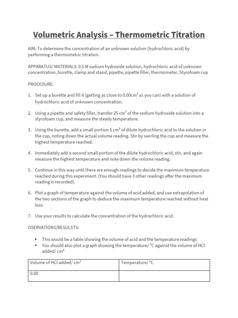Volumetric Analysis (Thermometric Titration) | PDF | Titration | Chemistry