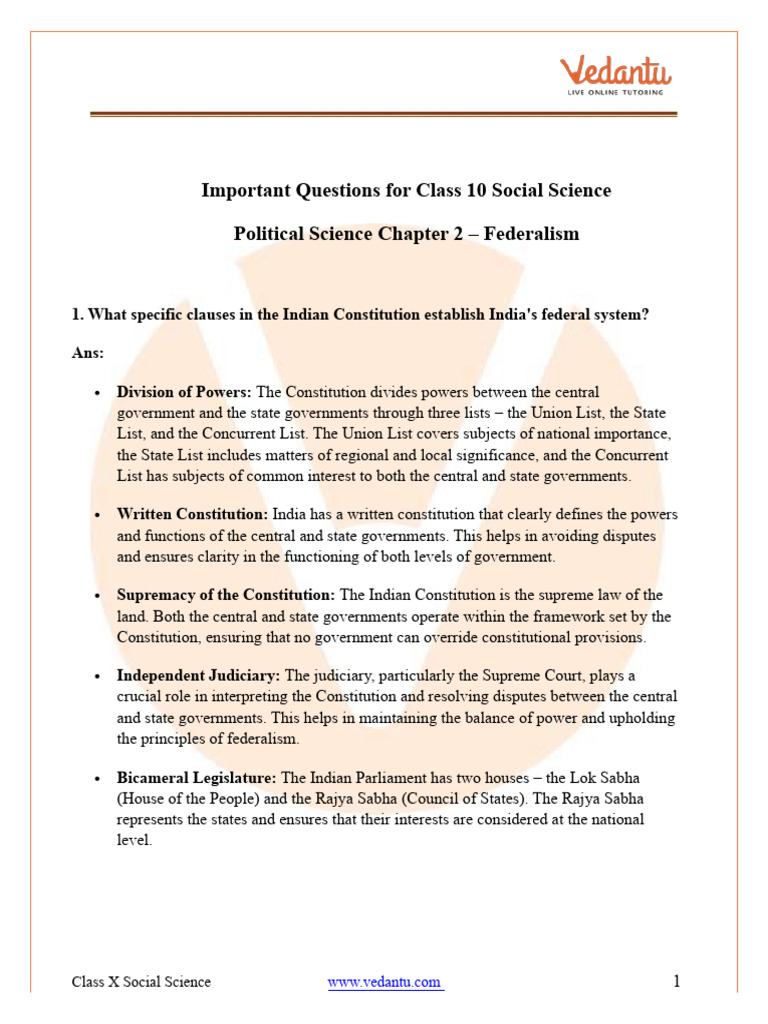 CBSE Chapter 2 Federalism Class 10 Important Questions - FREE PDF | PDF ...