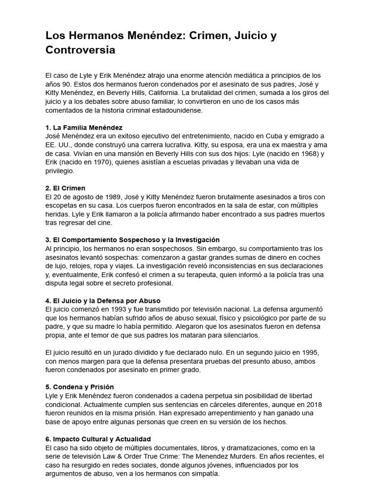 Historia del caso Menendez | PDF | Violencia | Crímenes