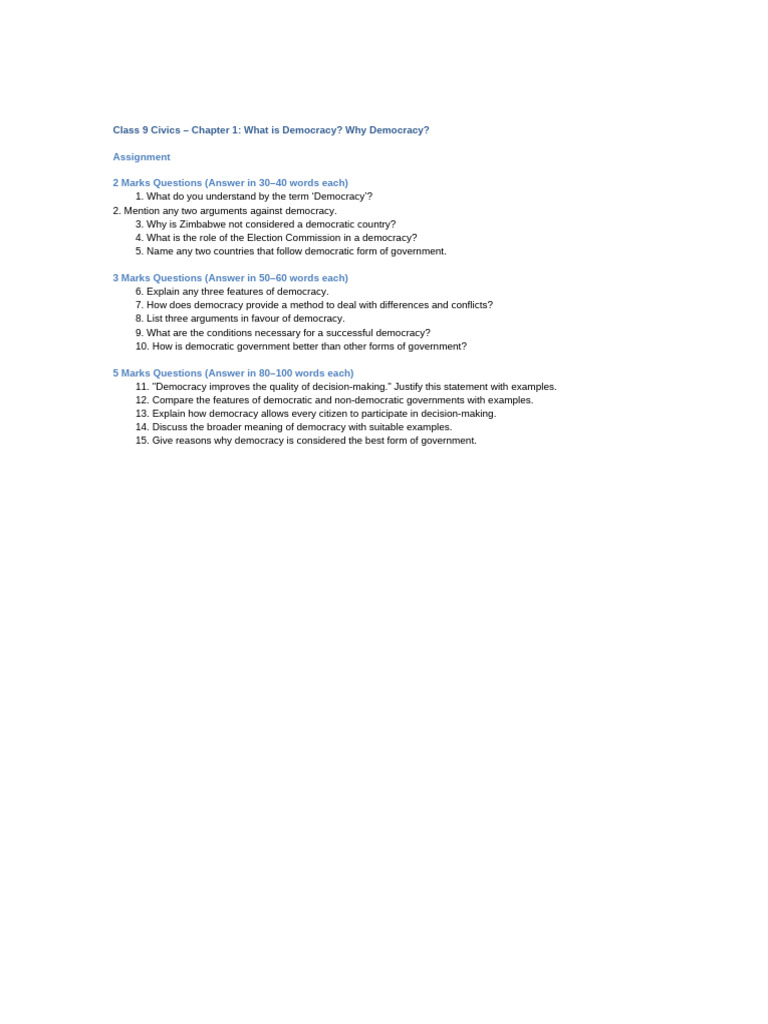 Class 9 Civics Assignment Chapter 1 | PDF