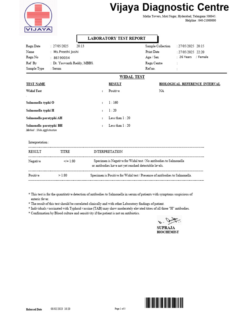 Widal Test and CBC Report for Ms. Joshi | PDF | White Blood Cell ...