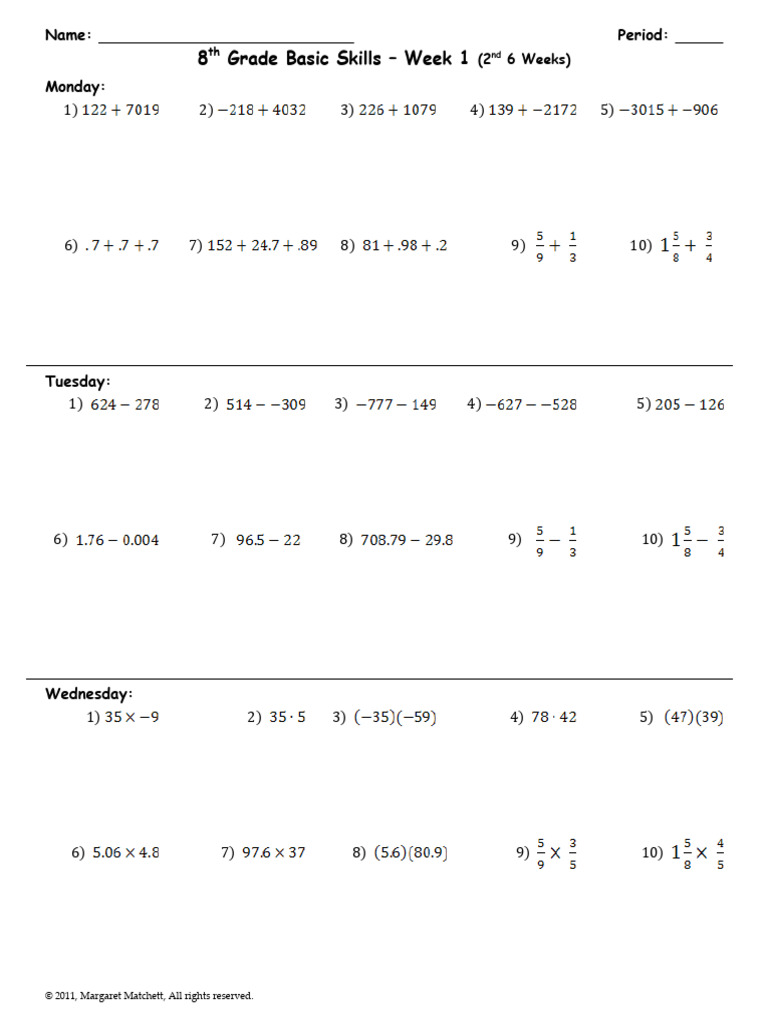 8th Grade Basic Skills Week 1 Plan | PDF